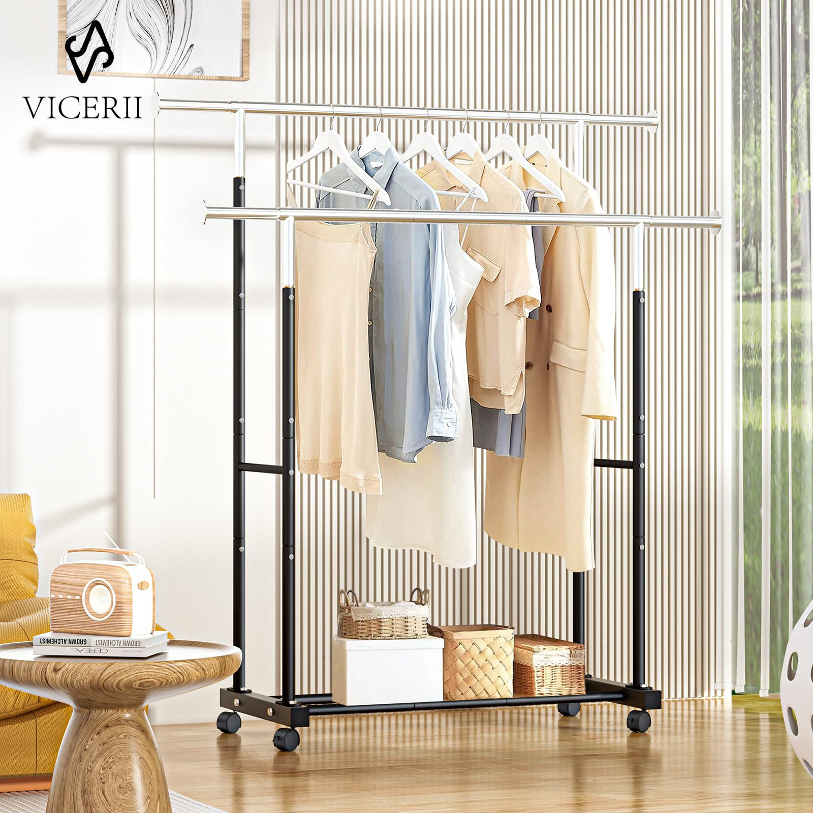 Rebrilliant Double Clothing Rack With Heavy-Duty Steel Frame, Rolling Base & Bottom Shelf, 55.5 ...